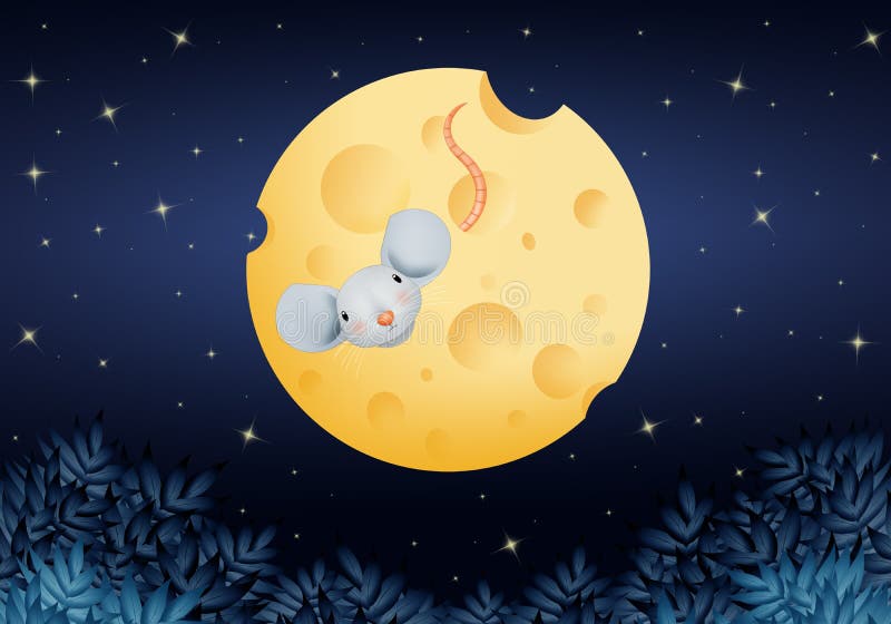 Illustration of Funny Mouse on Cheese Moon in the Nigh Sky Stock ...