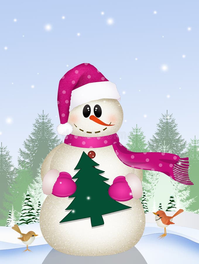 Funny Snowman in Winter Landscape Stock Illustration - Illustration of ...