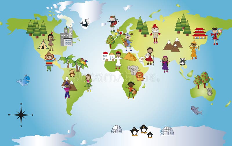 World Map and Kids of Various Nationalities Stock Vector - Illustration ...