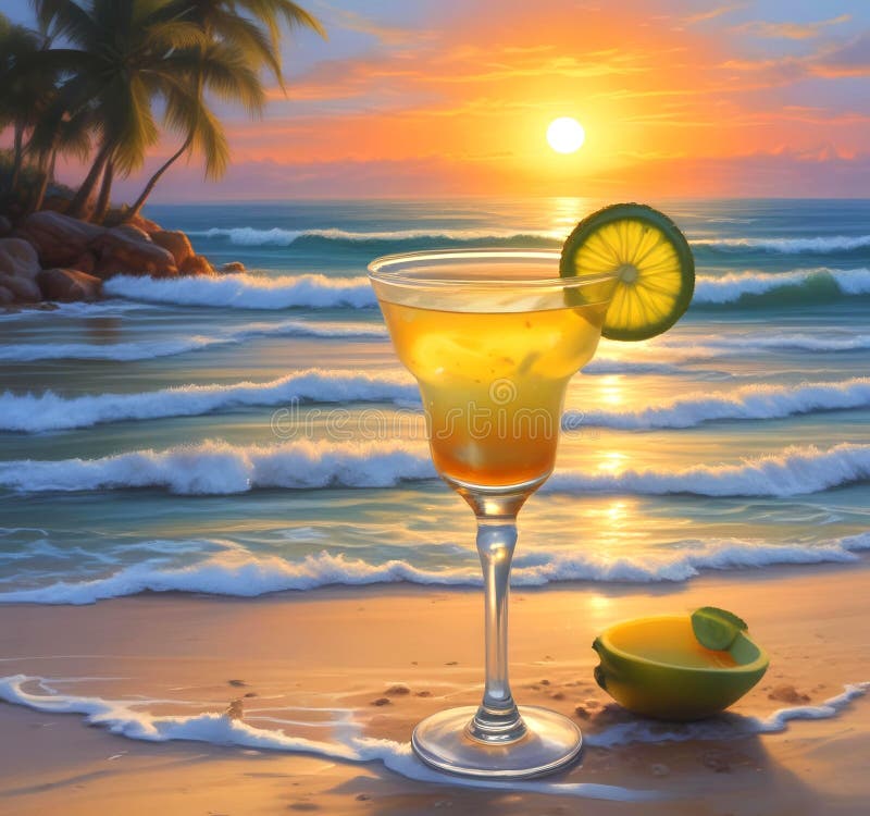 Illustration of Furit Juice with Sandy Beach and Summer Landscape Stock ...
