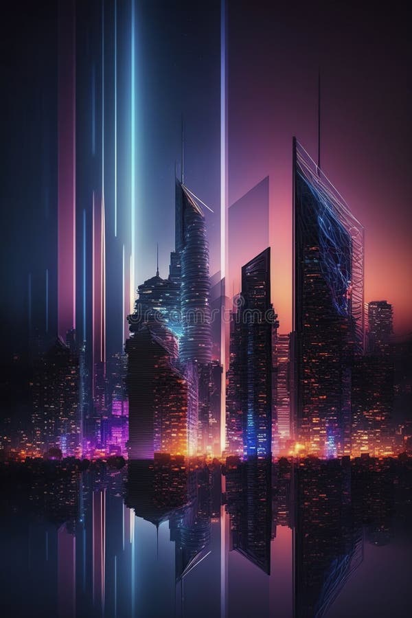 Illustration, Future Urban Cities Long Exposures in Neon, Ai Generative ...