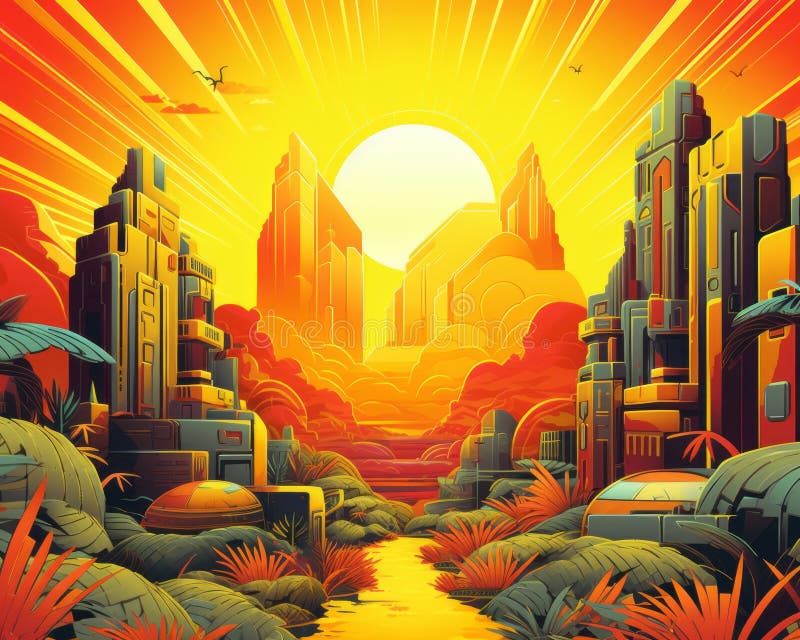 An Illustration of a Futuristic City with the Sun in the Background ...