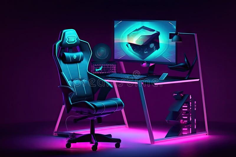 Illustration Futuristic Gamer Setup, Computer Gamer Chair, Gradient ...