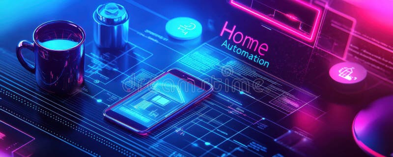 Futuristic Home Automation Concept with Smartphone on Digital Blueprint ...