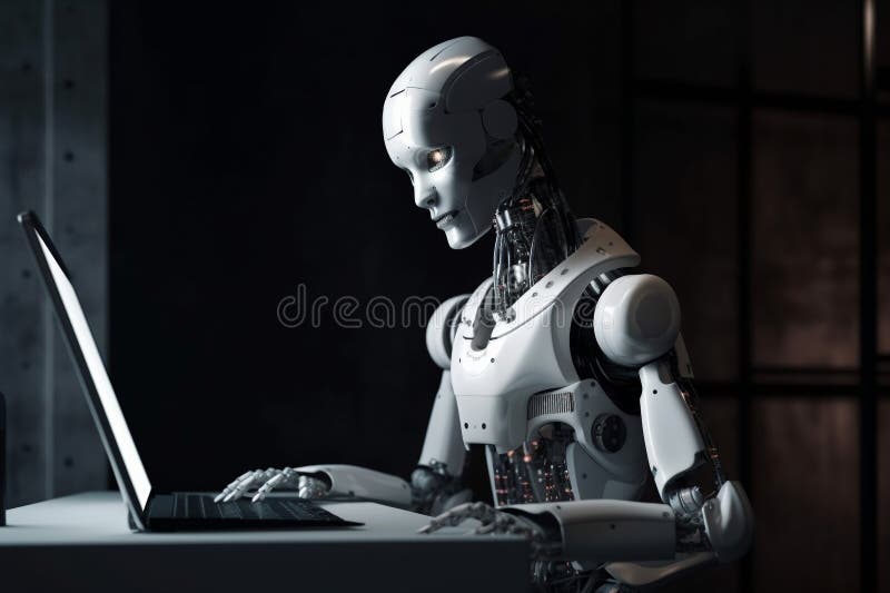 Futuristic Humanoid Robot, Sitting in Front of a Laptop and Texting ...