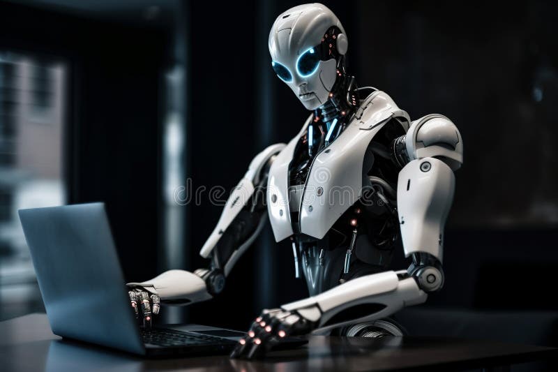 Futuristic Humanoid Robot, Sitting in Front of a Laptop and Texting ...
