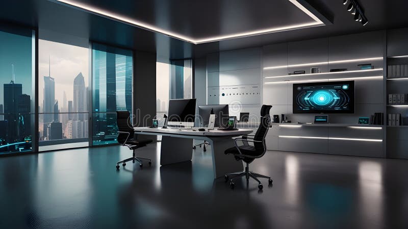 Illustration of a Futuristic Office Space with a High-tech Desk and ...