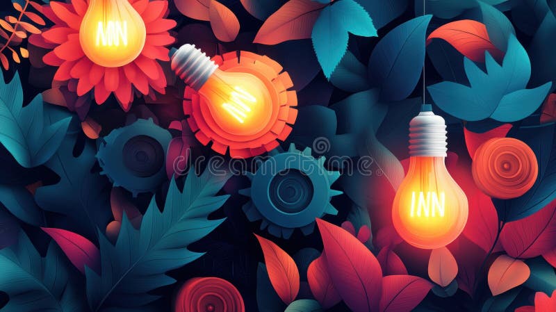 Illustration of Gears, Leaves, and Light Bulbs Intertwined Symbolizing ...
