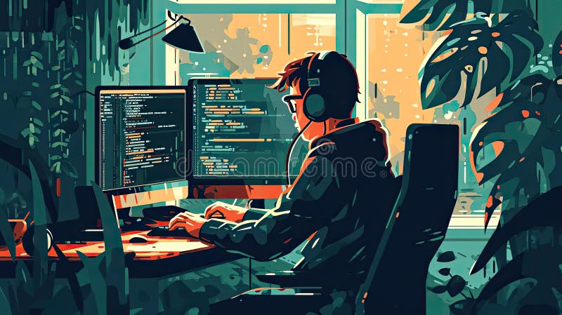 Illustration of a Geek at Work Stock Image - Image of outline, code ...