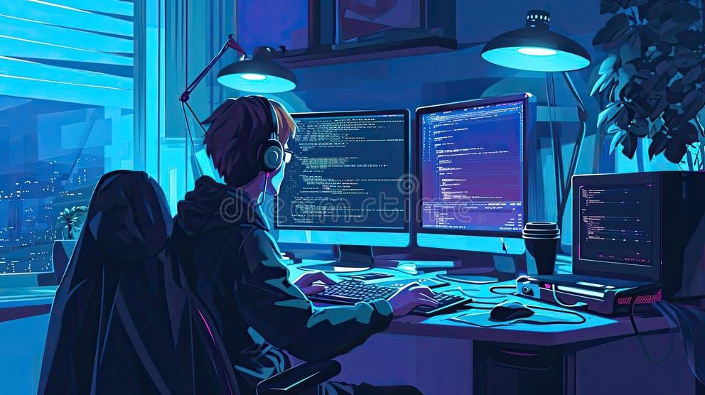 Illustration of a Geek at Work Stock Image - Image of person, computer ...