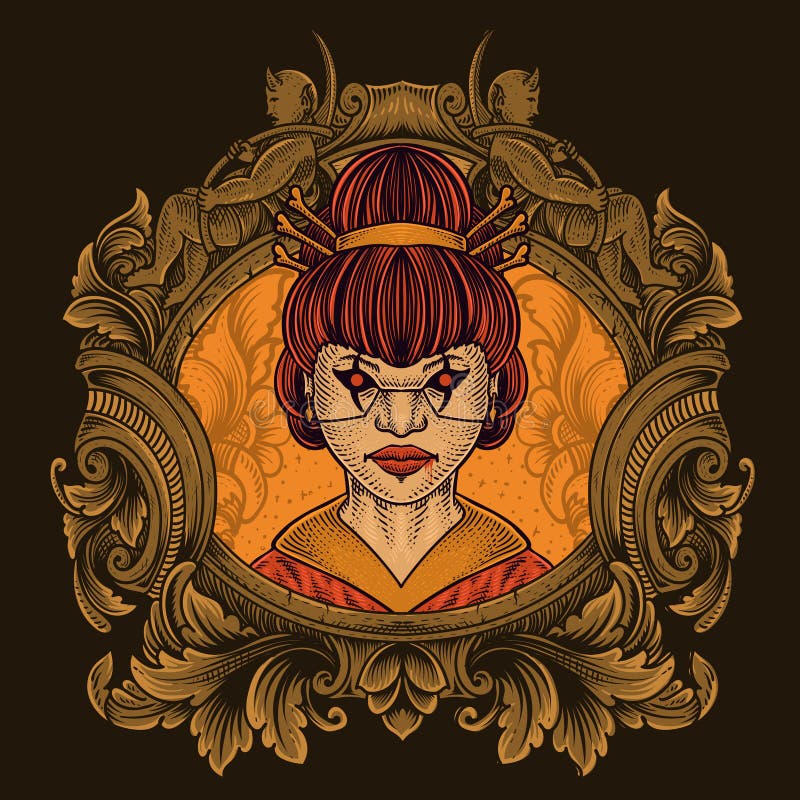 Illustration Geisha Lady with Engraving Ornament Frame Stock Vector ...