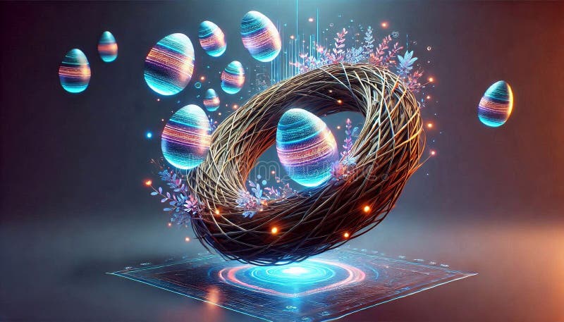 Easter Wreath Photo with Digital Glowing Eggs and Sci-fi Technology ...