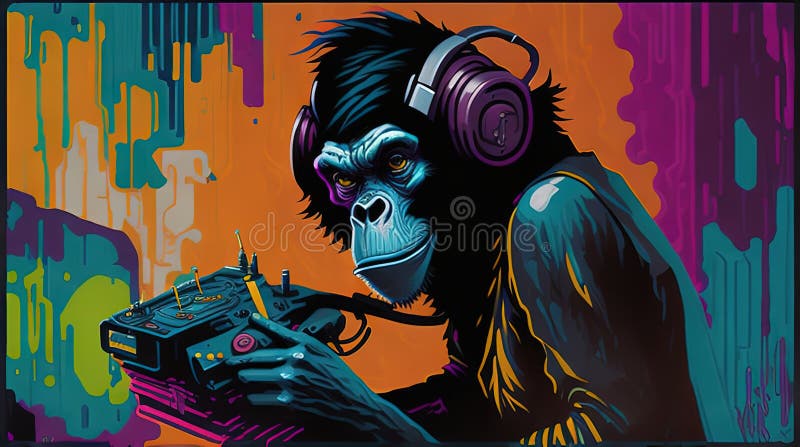 Monkey DJ Listening To Vinyl Stock Illustration - Illustration of ...
