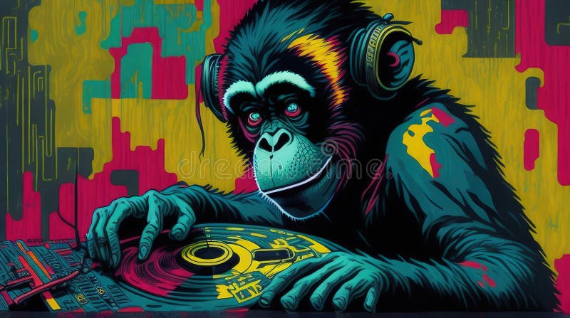 Monkey DJ Listening To Vinyl Stock Illustration - Illustration of ...