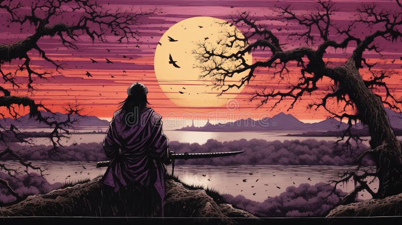 Shadowed Samurai at Sunset stock illustration. Illustration of ...