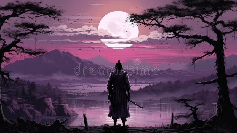 Shadowed Samurai at Sunset stock illustration. Illustration of warriors ...