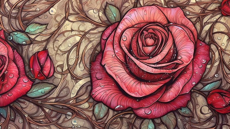 Sepia Ink Rose with Raindrops Stock Illustration - Illustration of ...