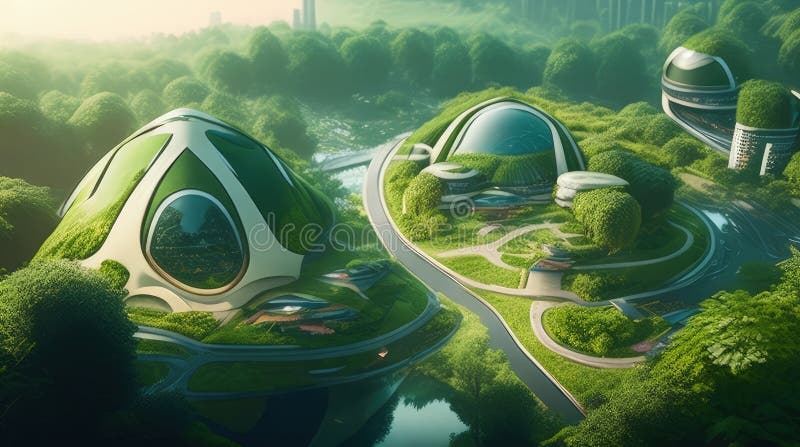 Futuristic Oasis in Natures Lap Stock Illustration - Illustration of ...
