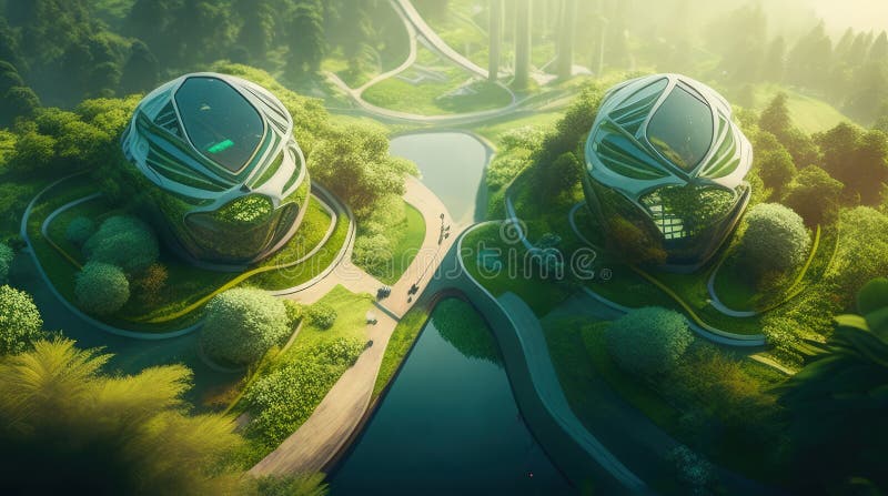 Futuristic Oasis in Natures Lap Stock Illustration - Illustration of ...
