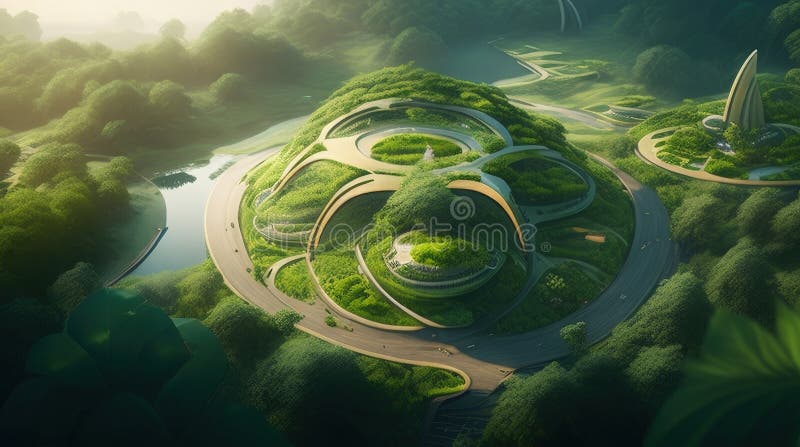 Futuristic Oasis in Natures Lap Stock Illustration - Illustration of ...