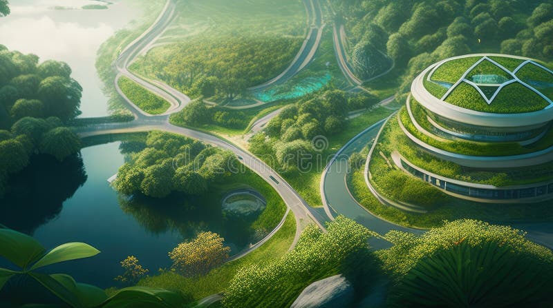 Futuristic Oasis in Natures Lap Stock Illustration - Illustration of ...