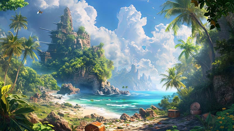 Tropical Treasure Paradise stock illustration. Illustration of temple ...