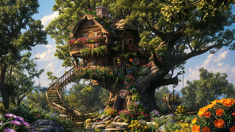 Whimsical Tree House and Flowers Stock Illustration - Illustration of ...