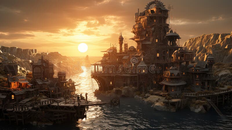 Misty Steampunk Village Sunset Stock Illustration - Illustration of ...