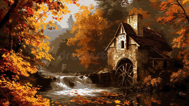 Autumn Watermill Painting stock illustration. Illustration of colorful ...