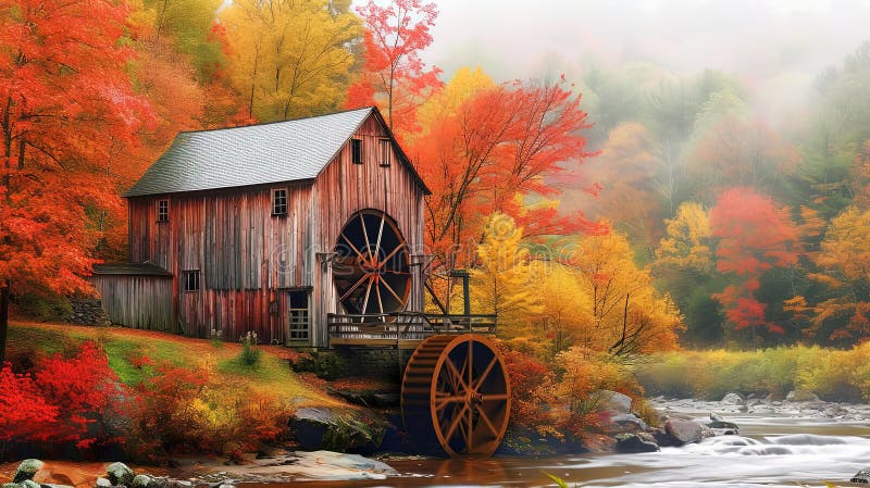 Autumn Watermill Painting stock illustration. Illustration of church ...
