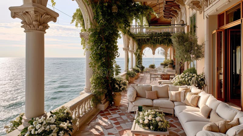 Breezy Mediterranean Terrace Stock Illustration - Illustration of ...