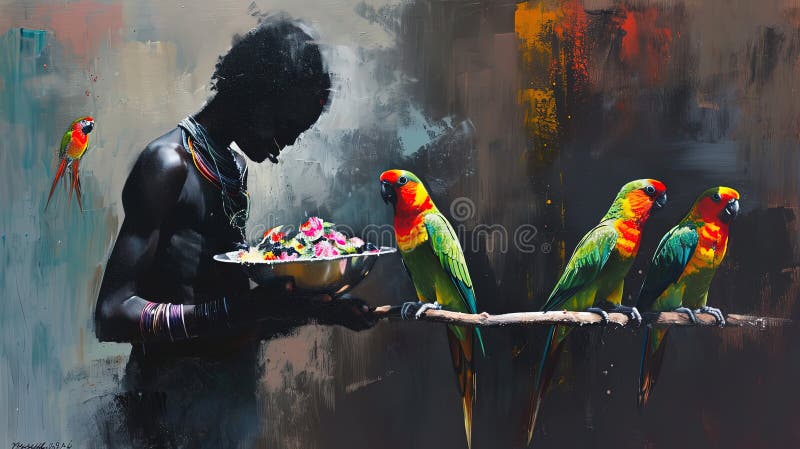 Parrot Feeding Woman Art stock illustration. Illustration of beautiful ...