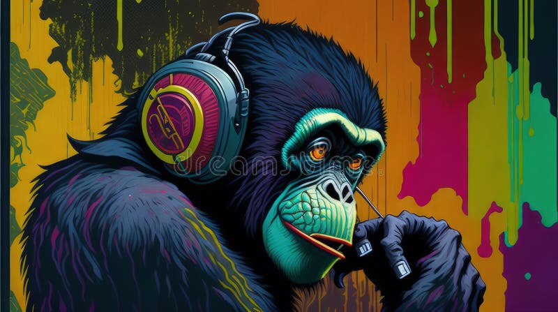 Monkey DJ Listening To Vinyl Stock Illustration - Illustration of audio ...