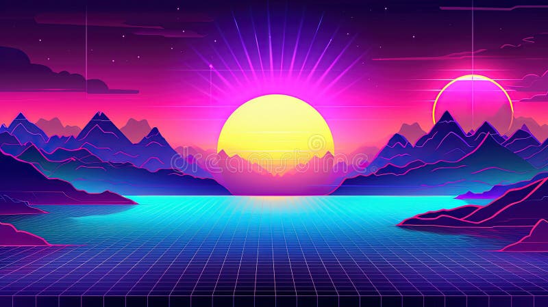 80s Synthwave Neon Grids stock illustration. Illustration of light ...