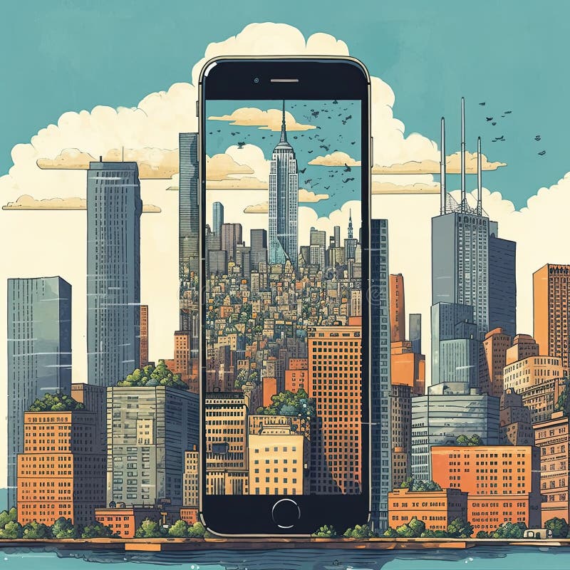 Illustration of Giant Mobile Phone in the City. Stock Illustration ...