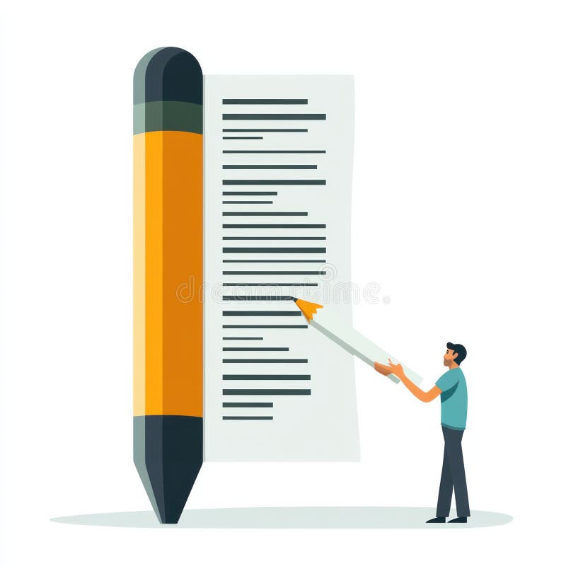 Illustration of Giant Pencil and Man Editing Document Stock ...
