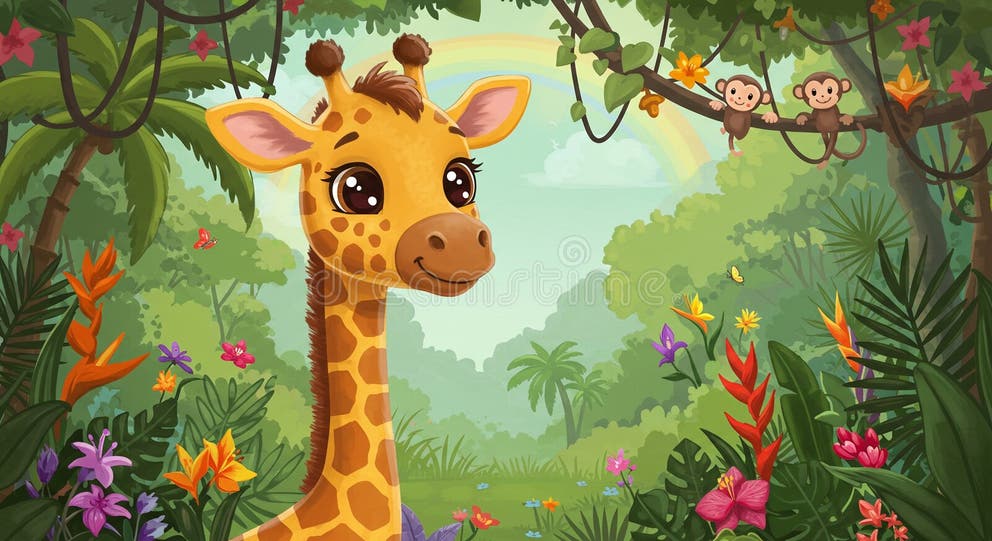 Illustration of a Giraffe with Monkeys in a Colorful Jungle Setting Stock Illustration ...