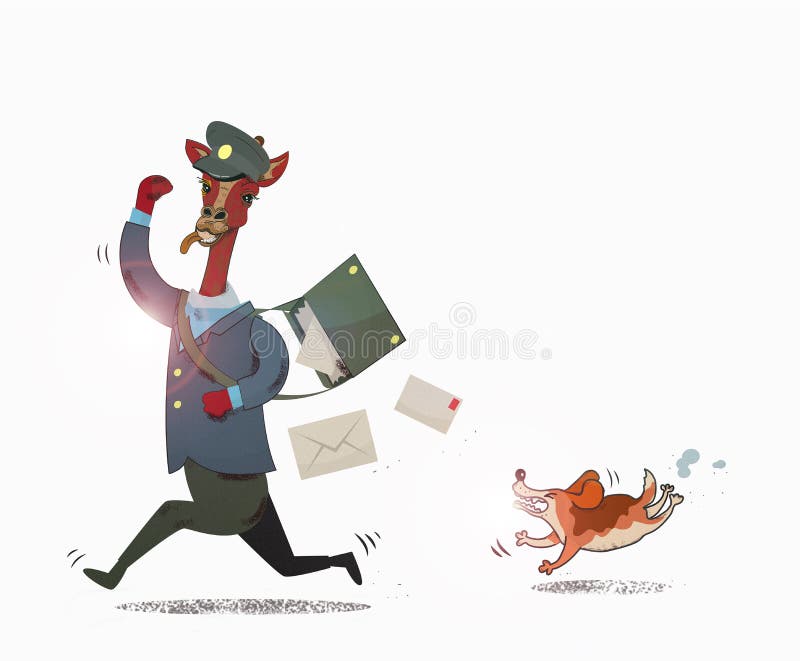 Illustration Giraffe Postman Running Away from an Angry Dog Stock ...