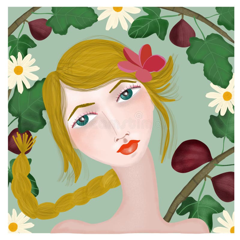 Illustration with a Girl in a Fig Tree Background. Stock Illustration ...