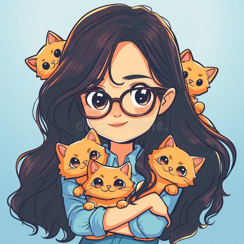 Illustration of a Girl Holding a Group of Cats. Stock Illustration ...