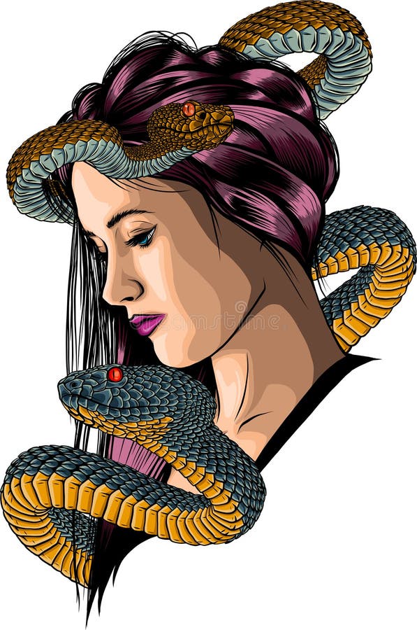 Illustration of Head Girl and Snake Stock Vector - Illustration of ...