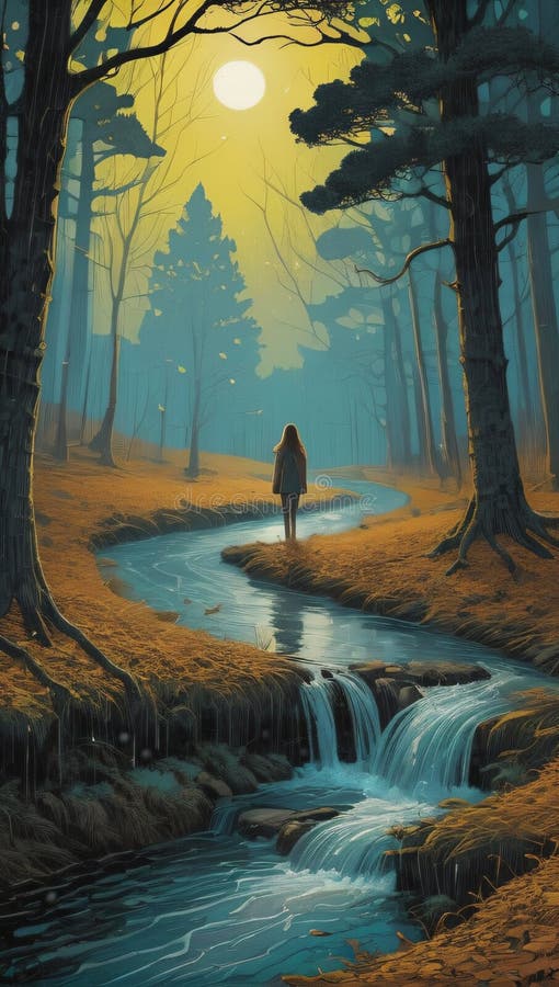 Illustration of a Girl Standing Under the Moonlight at Night in a ...