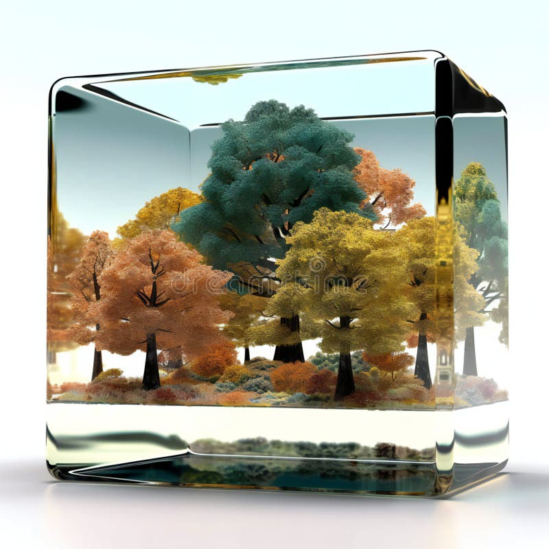 Illustration of a Glass Cube with a Picture of Autumn Trees Stock ...