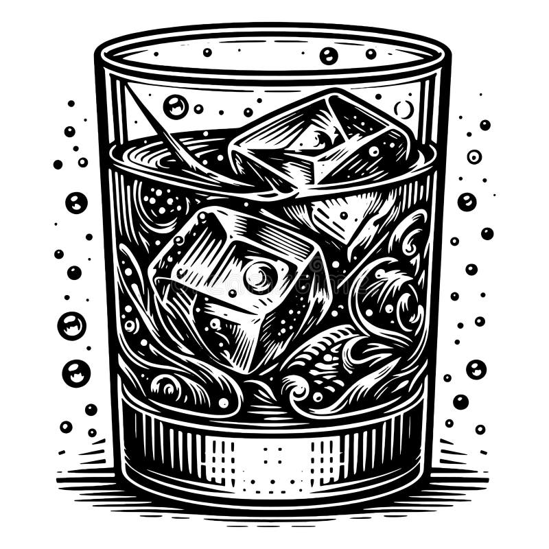 Illustration of a Glass with Ice Cubes and Liquid in Black and White ...