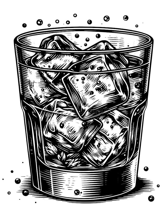 Illustration of a Glass with Ice Cubes and Liquid in Black and White ...