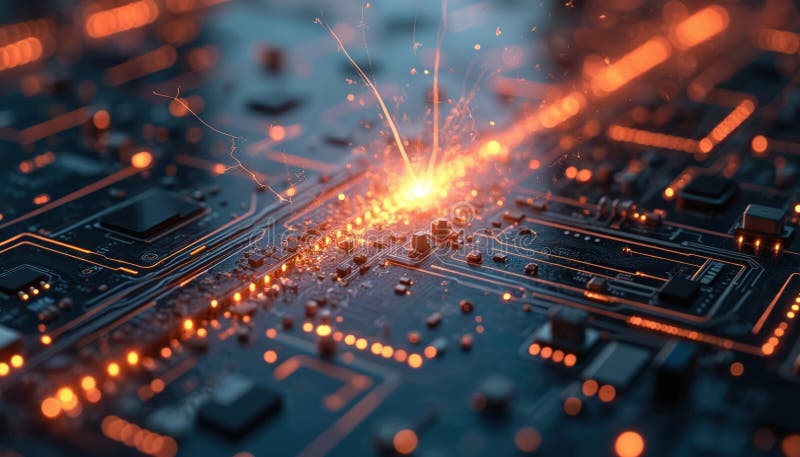 Illustration of Glitchy Circuit Board with Orange Sparks. Electronic ...