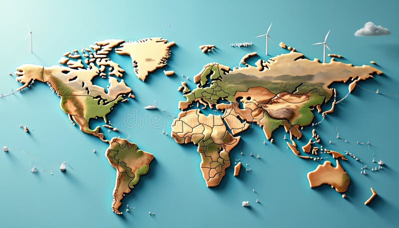 Illustration of Global World Map with Wind Turbines and Ships. Concept ...