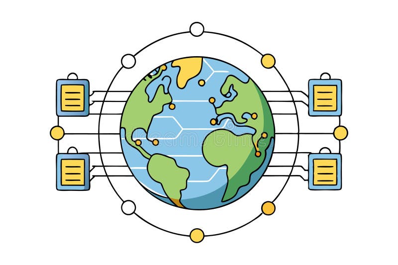 Illustration of a Globe with Interconnected Systems and Data Flow ...