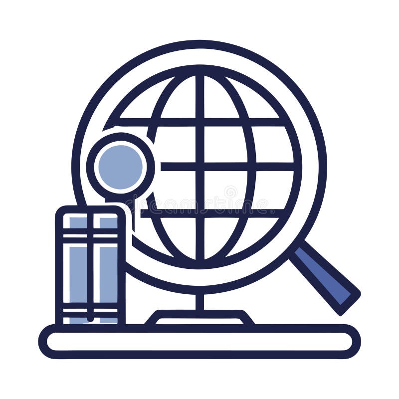 Global Research Icon with Globe, Magnifying Glass, and Data Stack Stock ...
