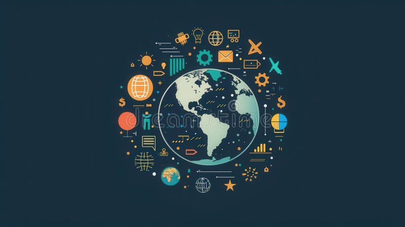 Illustration of a Globe Surrounded by Icons of Achievement Representing ...